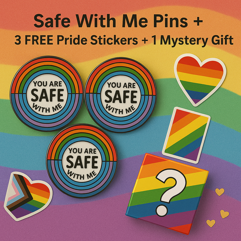 3 Safe With Me Pins + 3 FREE Pride Stickers + 1 Mystery Gift – I ...